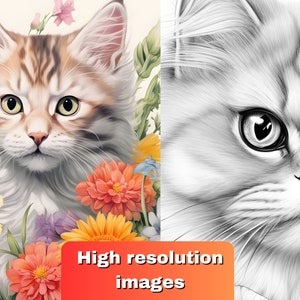 25 Adorable Flower Cat Coloring Book, Printable Adult and Kids Coloring ...