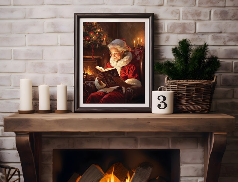 Vintage Christmas Print, Mrs Claus Reading Book, Christmas Decor Winter ...