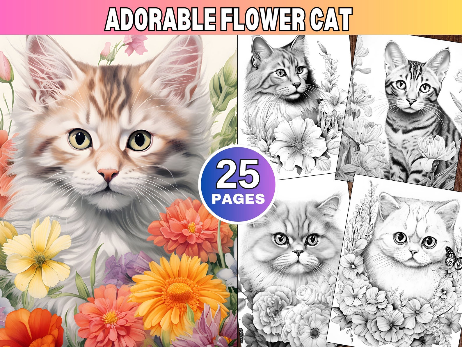 25 Adorable Flower Cat Coloring Book, Printable Adult and Kids Coloring ...