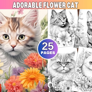 25 Adorable Flower Cat Coloring Book, Printable Adult and Kids Coloring ...