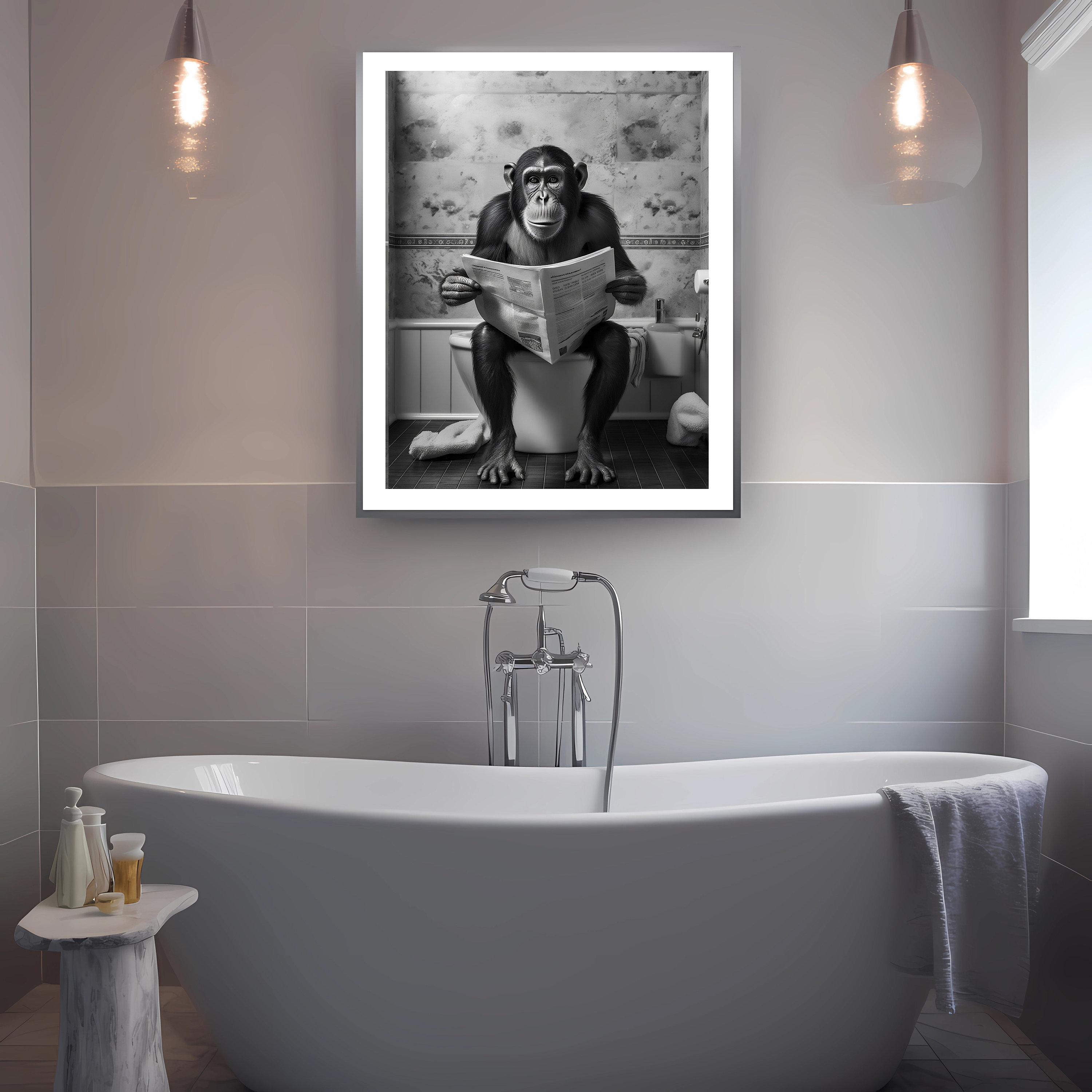 Monkey on Toilet Reading Newspaper Funny Bathroom Decor - Etsy