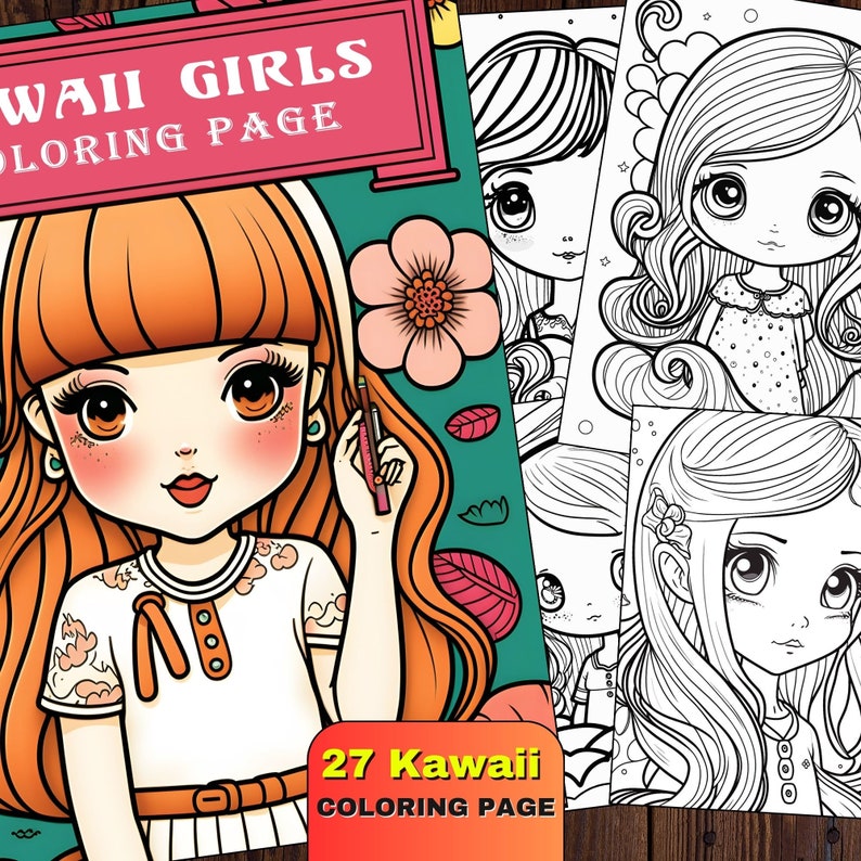 27 Kawaii Girls Coloring Pages Cute Coloring Book Gift for - Etsy