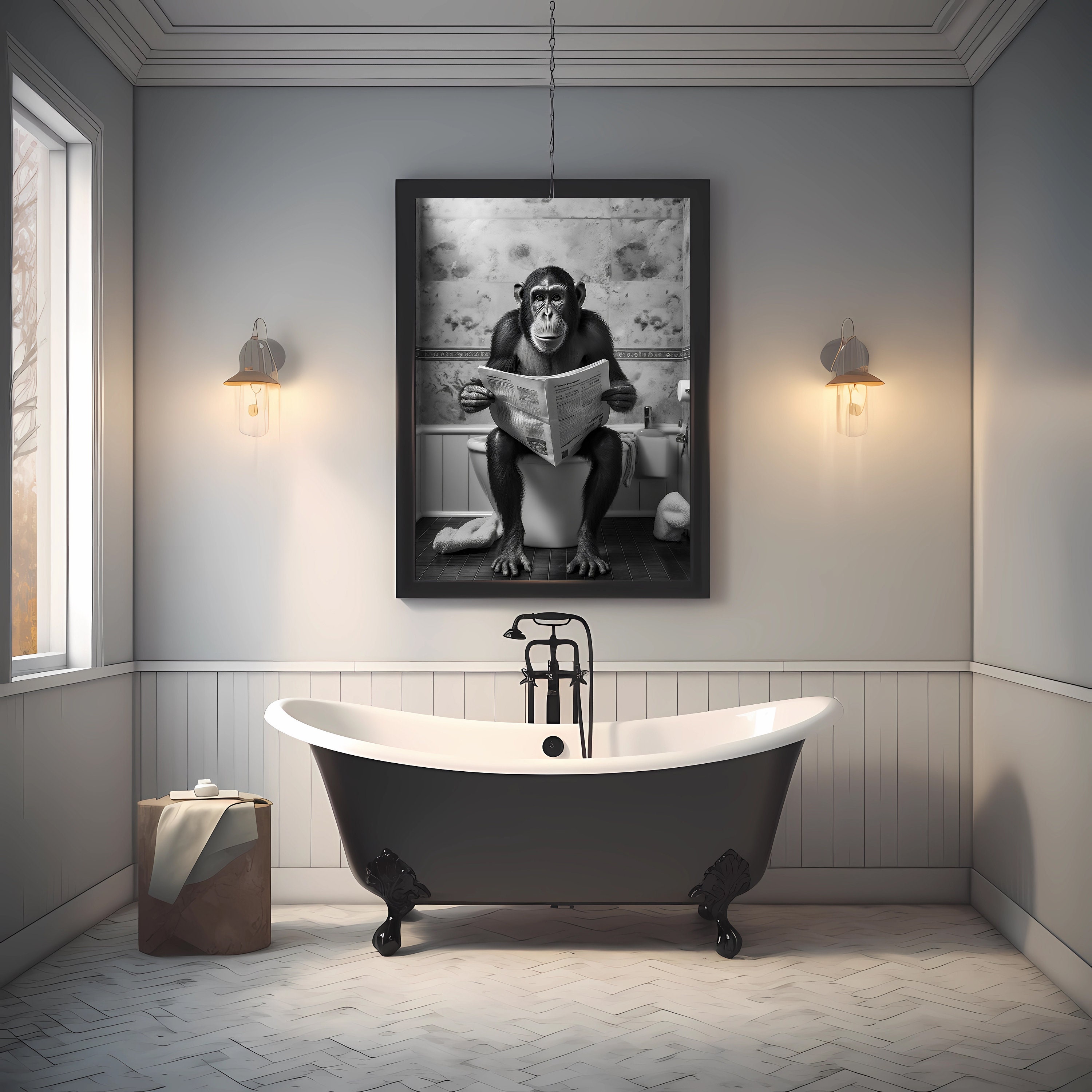 Monkey on Toilet Reading Newspaper Funny Bathroom Decor - Etsy