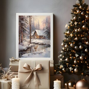 Christmas Snowscape Painting, Vintage Christmas Art, Holiday Wall Art ...