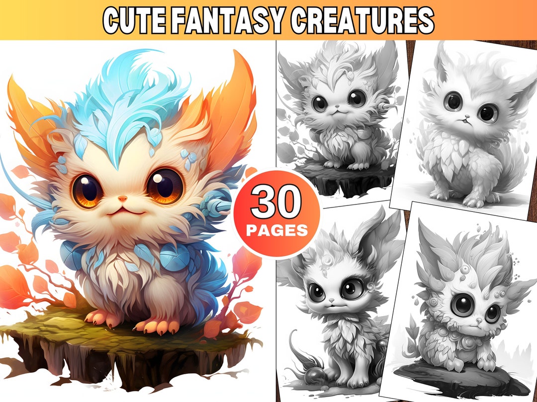30 Cute Fantasy Creatures Coloring Book, Baby Forest Dragon Fantasy ...
