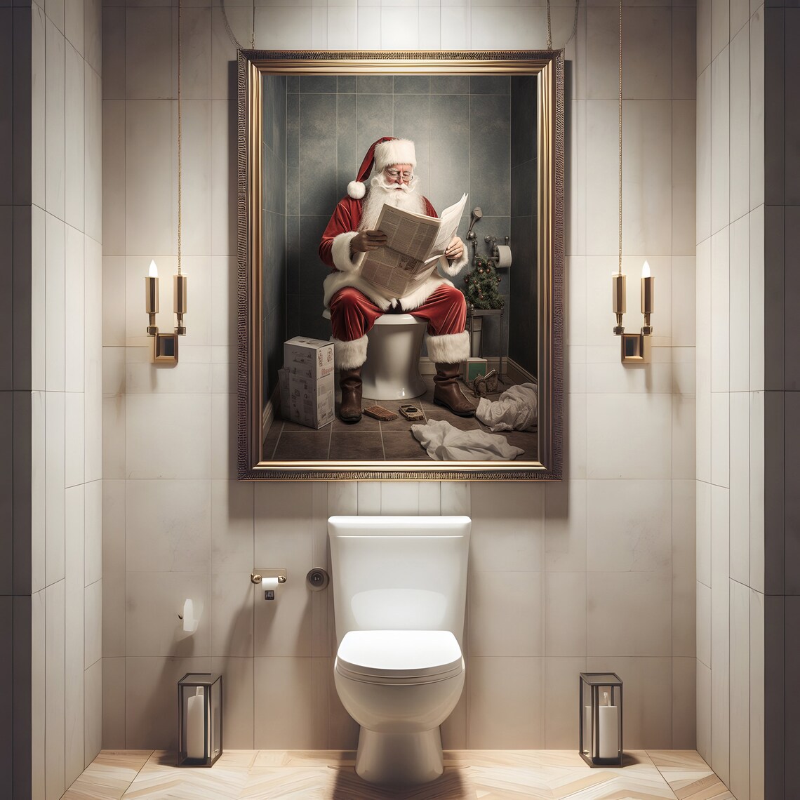 Santa Wall Art, Funny Bathroom Decor, Santa in Toilet, Funny Christmas ...
