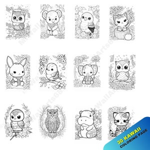 30 Cute Kawaii Animals Coloring Pages, Kids, Adults, Instant Download ...