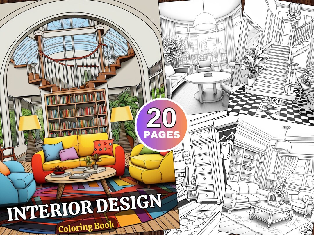 20 Interior Design Coloring Book, Grayscale Coloring Book, Adults ...