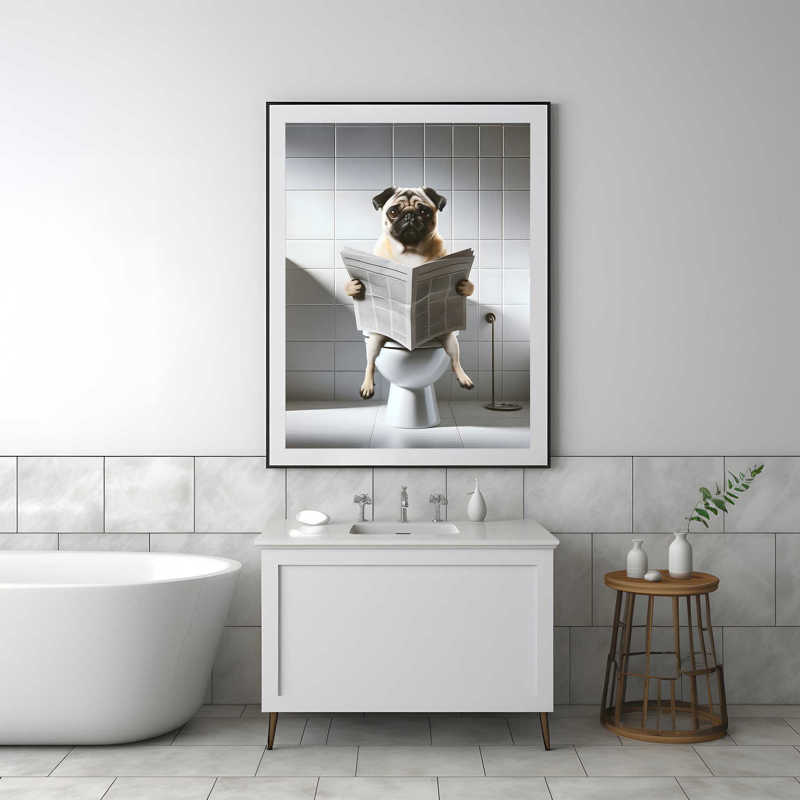 Pug Wall Art, Funny Bathroom Decor, Pug in Toilet, Animal in Toilet ...