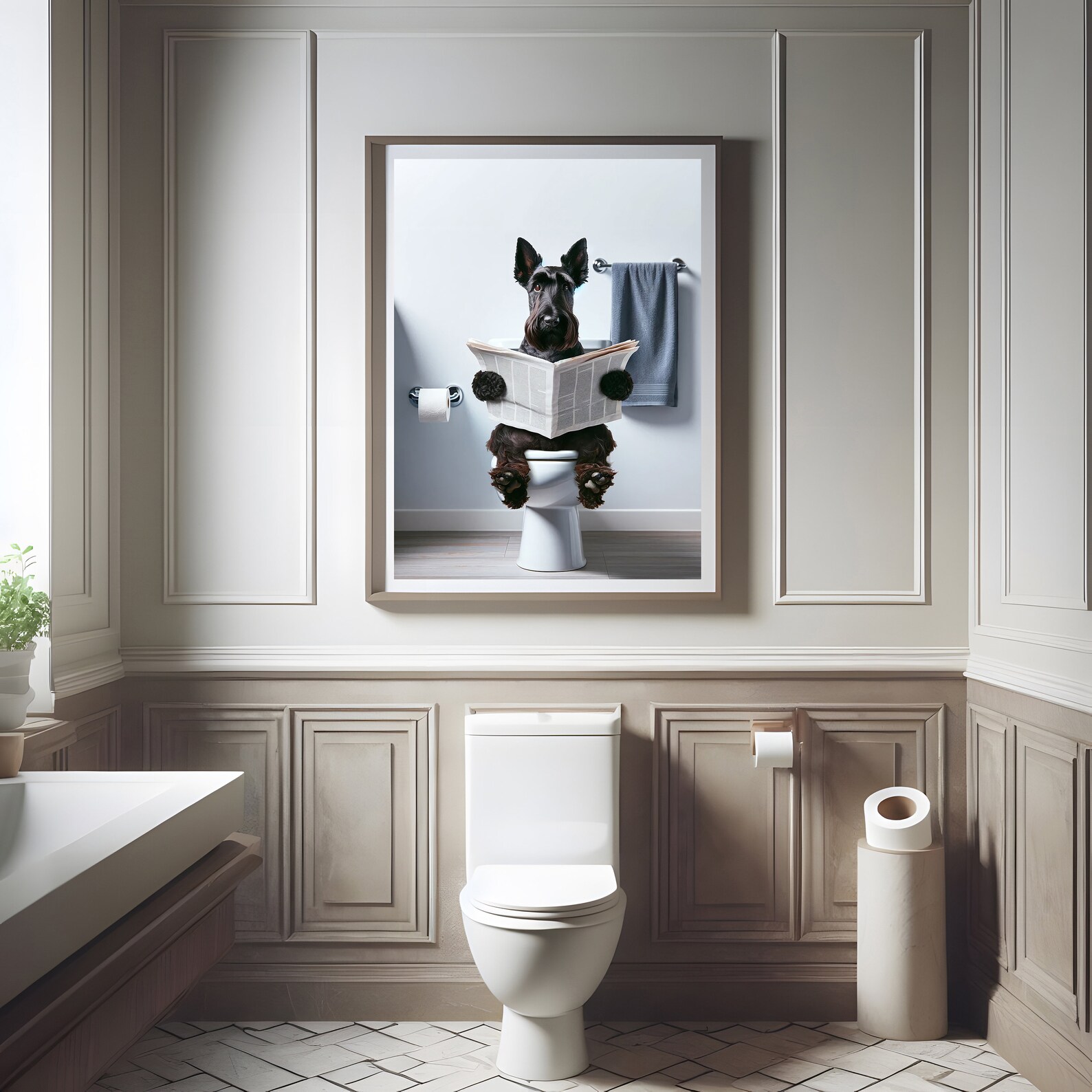Scottish Terrier Art, Funny Bathroom Decor, Dog in Toilet, Animal in ...