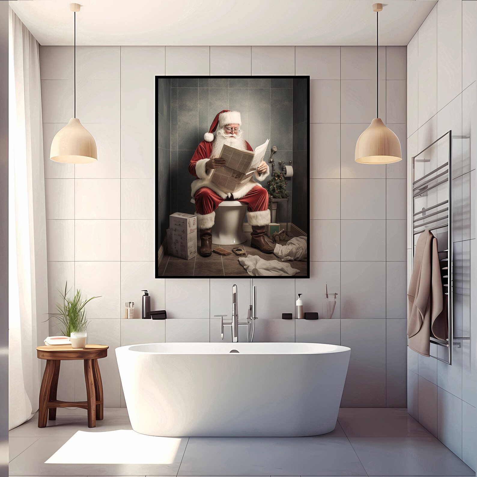 Santa Wall Art, Funny Bathroom Decor, Santa in Toilet, Funny Christmas ...