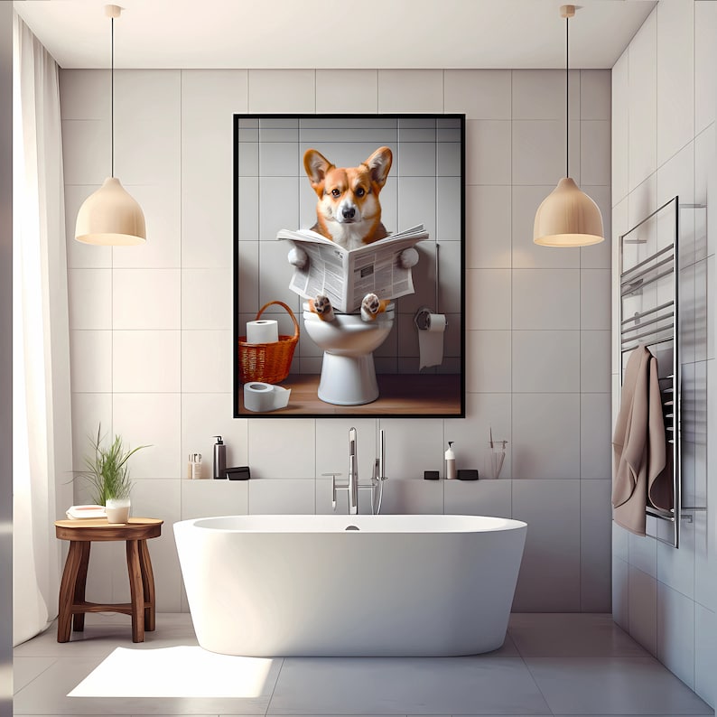 Pembroke Welsh Corgi Art, Funny Bathroom Decor, Dog in Toilet, Animal ...