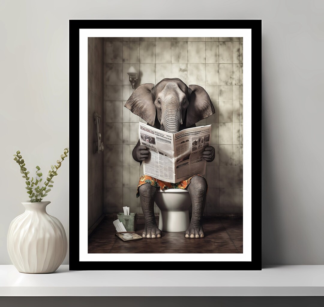 Elephant Print, Funny Bathroom Decor, Elephant in Toilet, Animal in ...