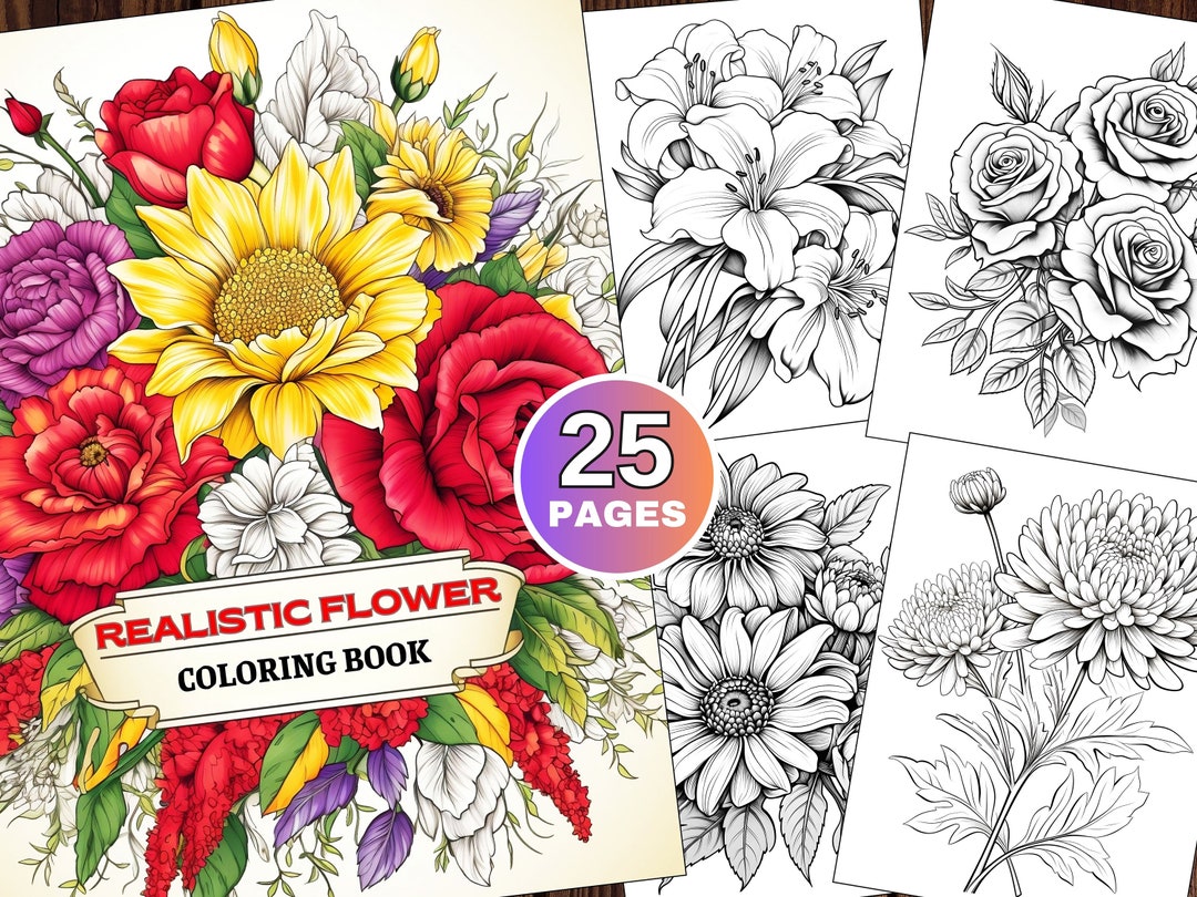 25 Realistic Flowers Coloring Book, Printable PDF, Grayscale Coloring ...