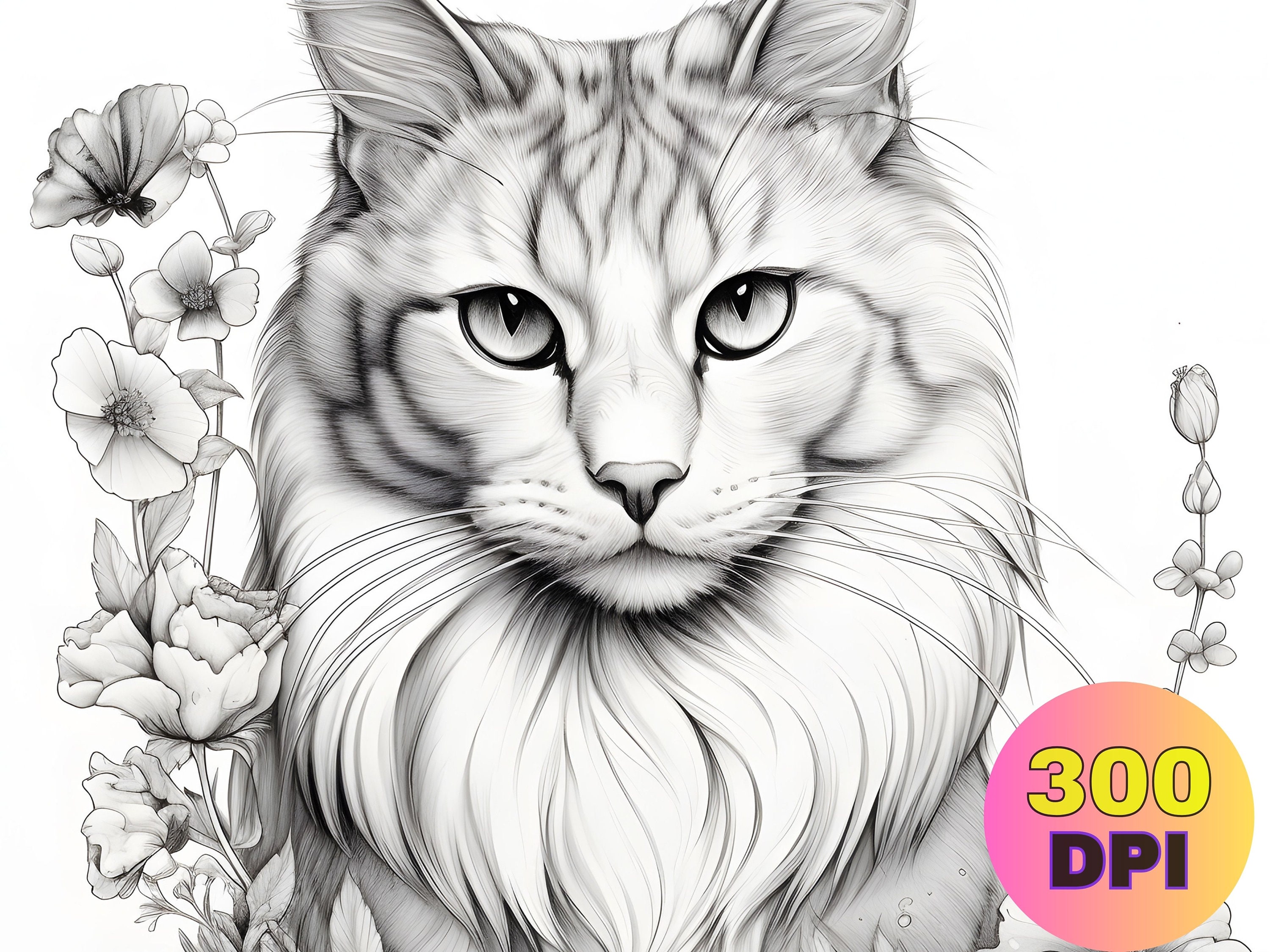 25 Adorable Flower Cat Coloring Book, Printable Adult and Kids Coloring ...