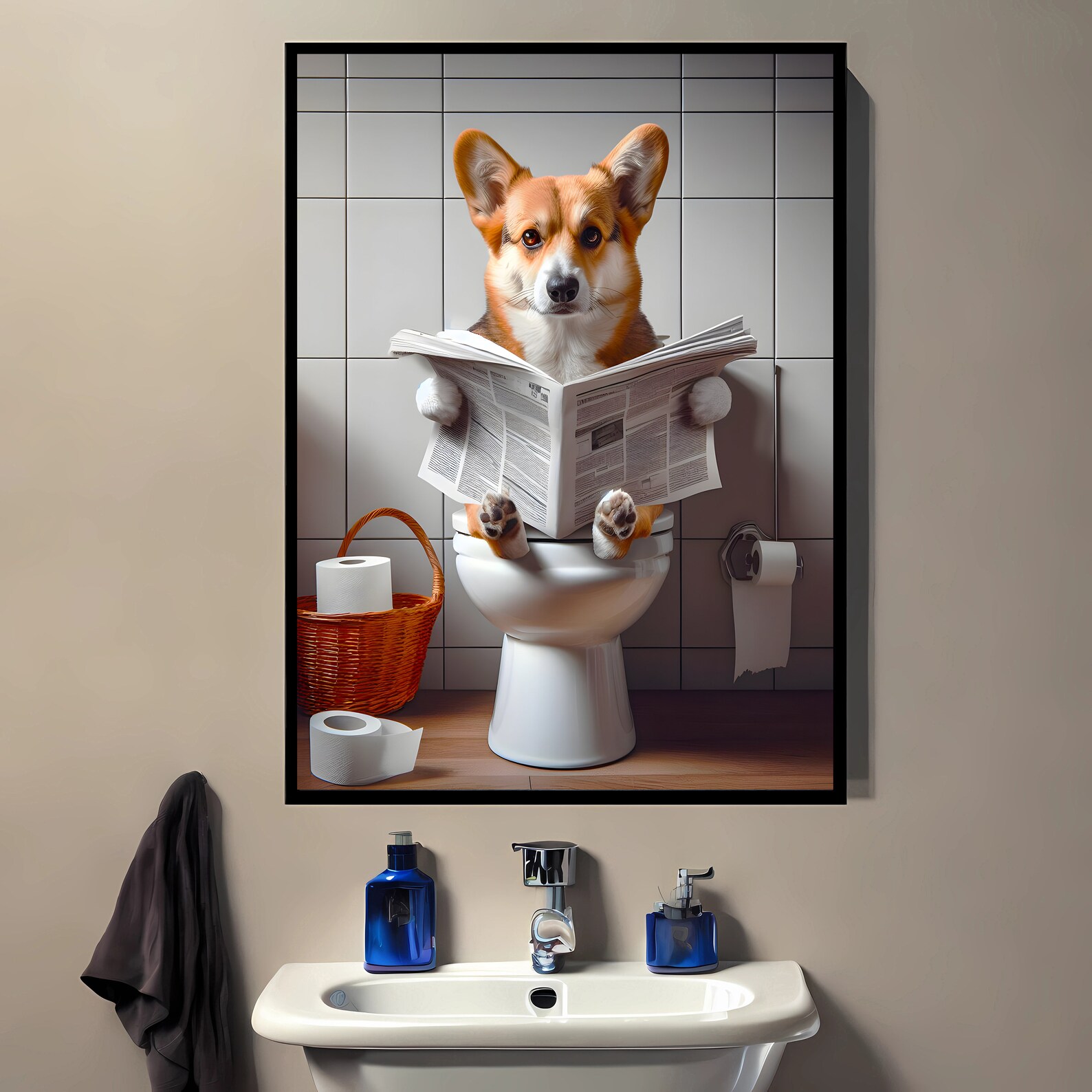 Pembroke Welsh Corgi Art, Funny Bathroom Decor, Dog in Toilet, Animal ...