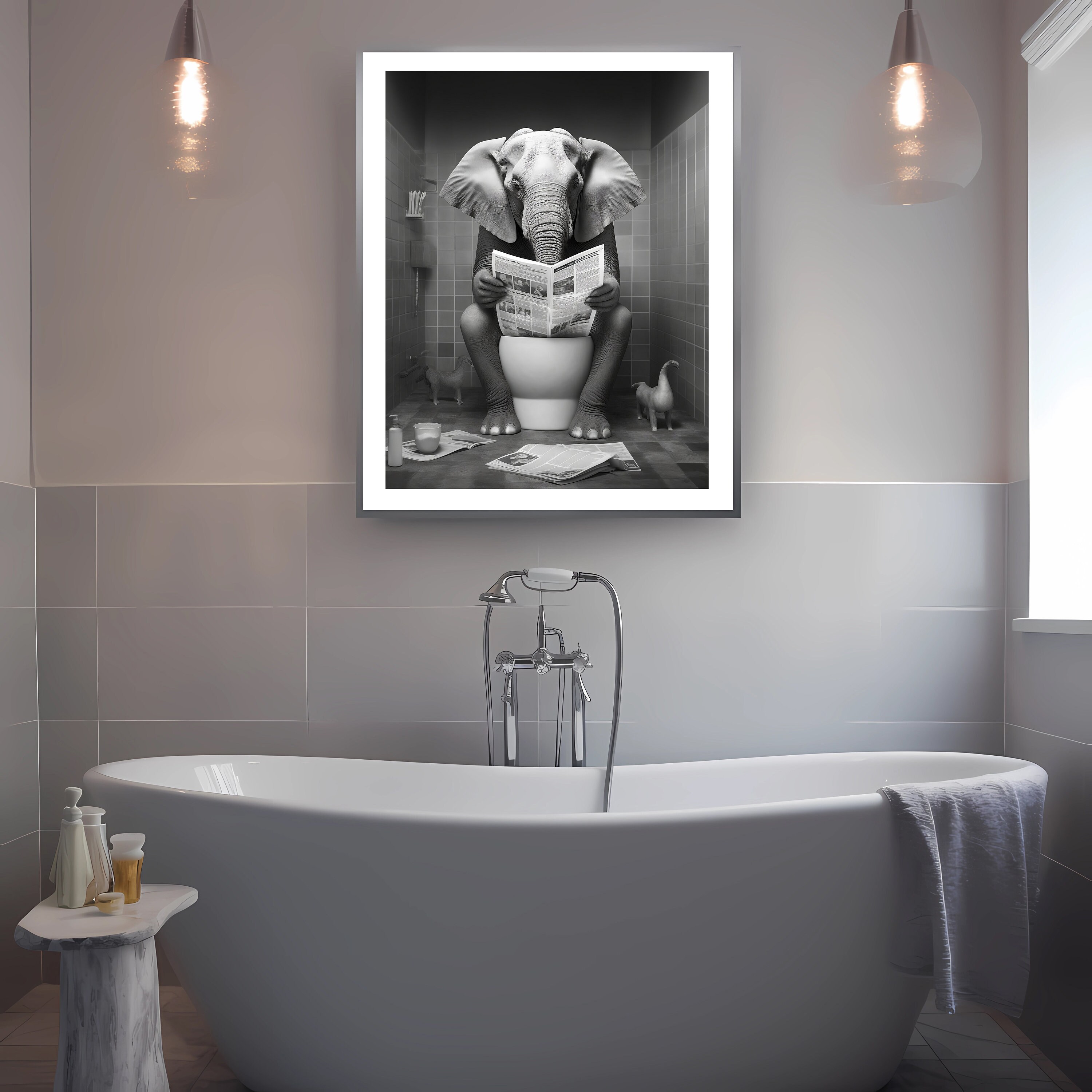 Elephant Print, Funny Bathroom Decor, Elephant in Toilet, Animal in ...