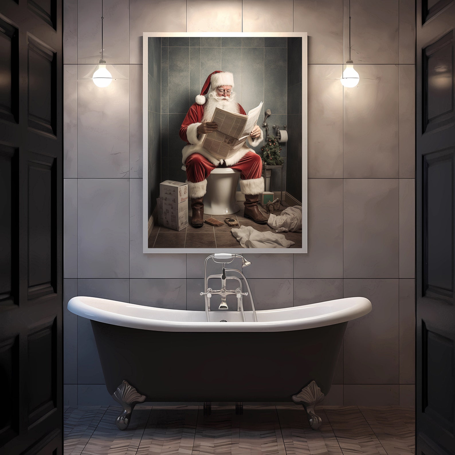 Santa Wall Art, Funny Bathroom Decor, Santa in Toilet, Funny Christmas ...