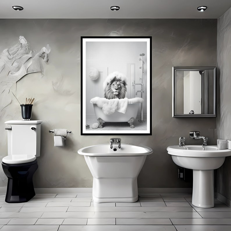 Lion in a Bathtub, Lion Bathing, Black and White Bathroom Print, Safari ...