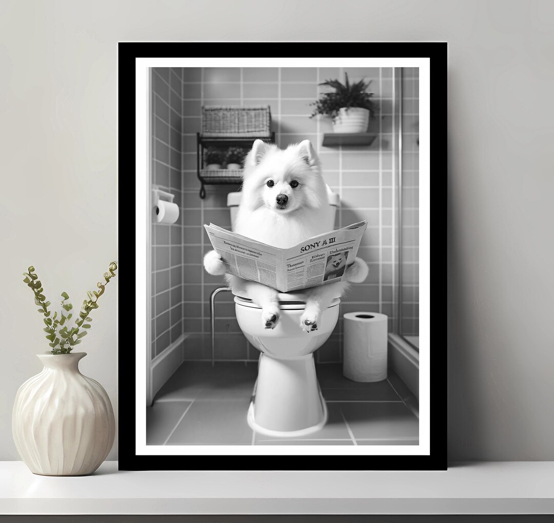 Japanese Spitz Wall Art, Funny Bathroom Decor, Japanese Spitz in Toilet ...
