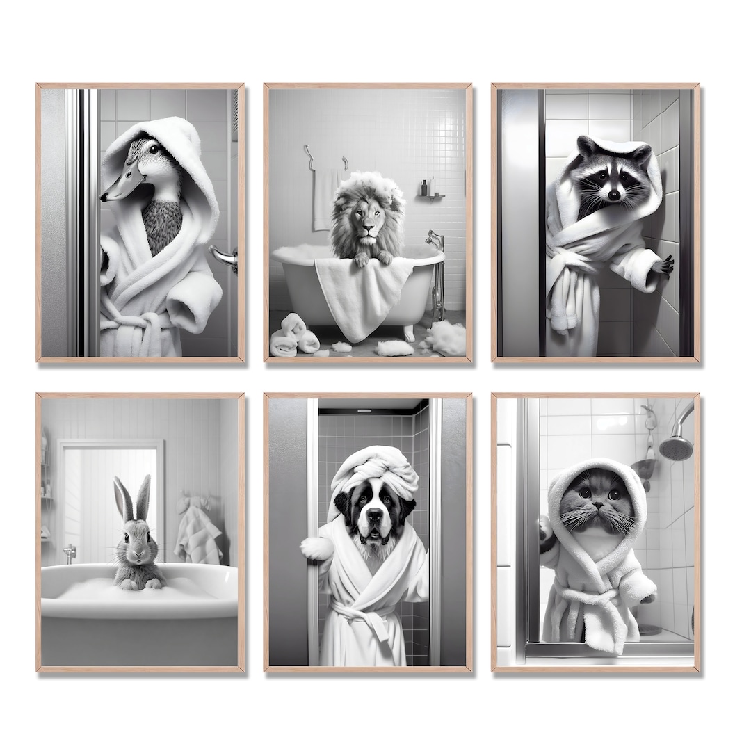 Cute Animals Print, Set of 6, Funny Bathroom Decor, Animals in Bathroom ...