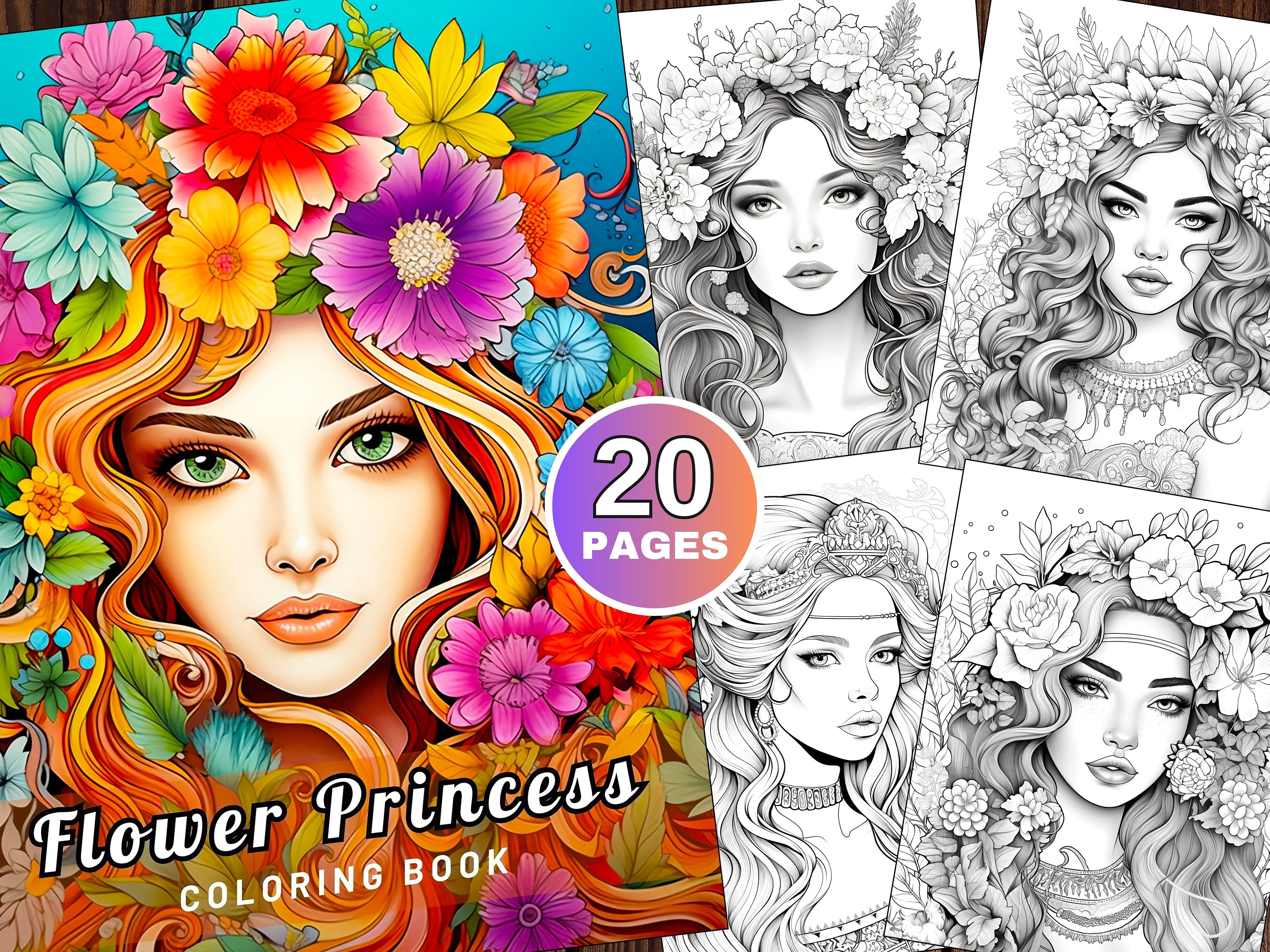 20 Flower Princess Coloring Book, Printable PDF, Grayscale Coloring ...