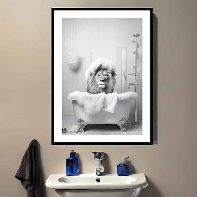 Lion in a Bathtub Lion Bathing Black and White Bathroom - Etsy