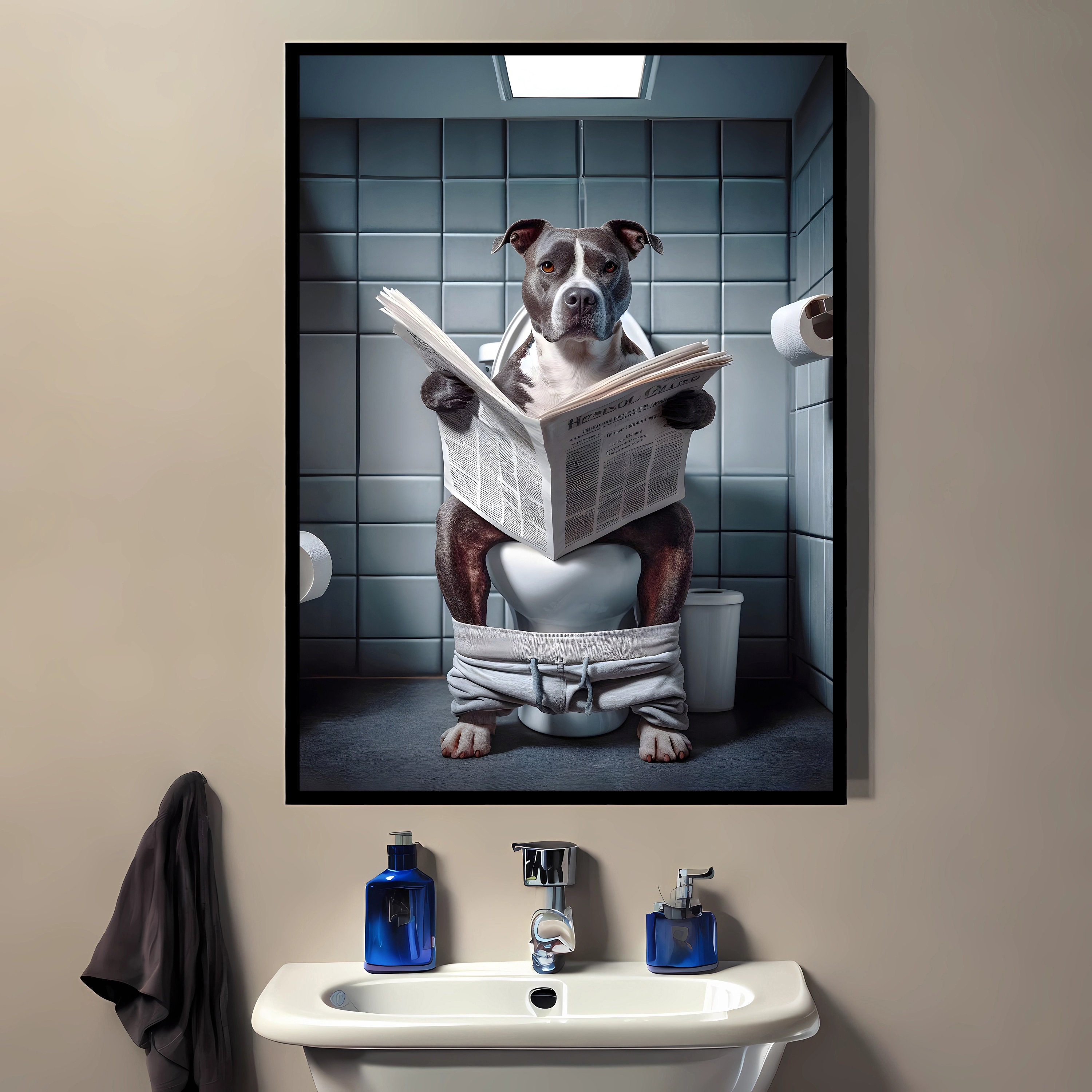 Pitbull Wall Art, Funny Bathroom Decor, Pitbull in Toilet, Animal in ...