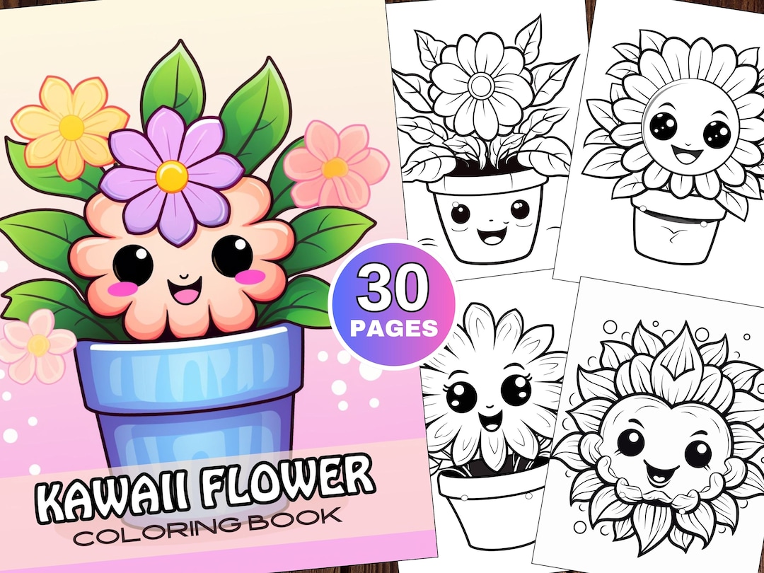 30 Kawaii Flowers Coloring Book, Printable PDF, Kawaii Coloring Pages ...