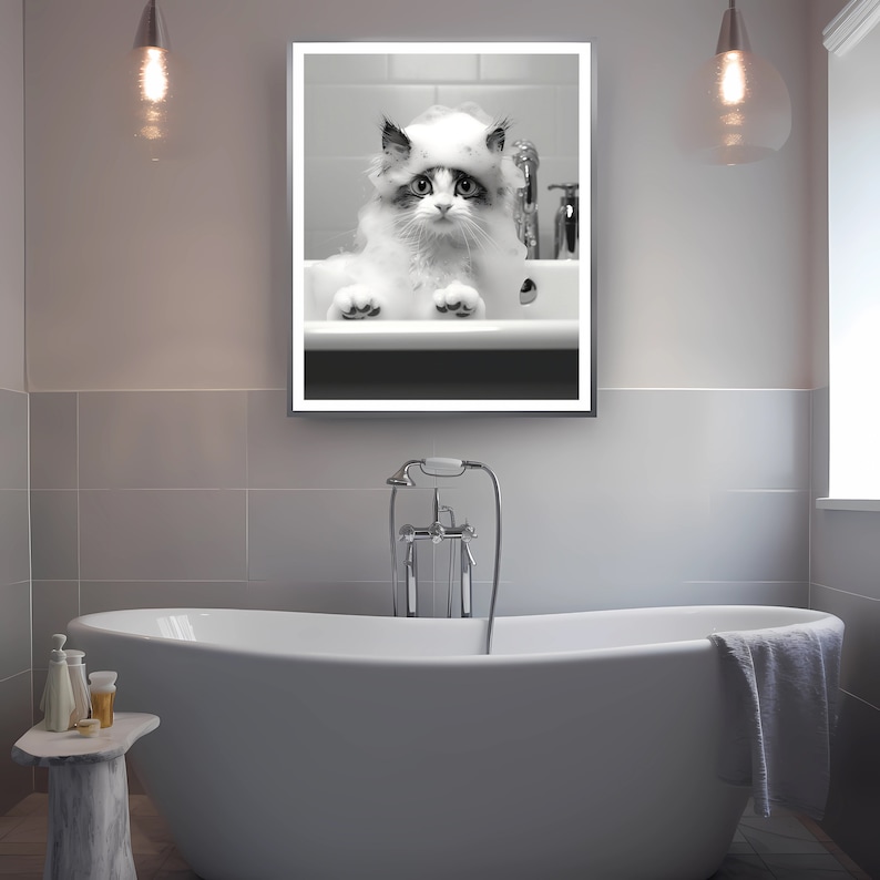 Cute Cat in Tub Printable Wall Art | Cat Photo | Cat Art | Bathroom Art ...