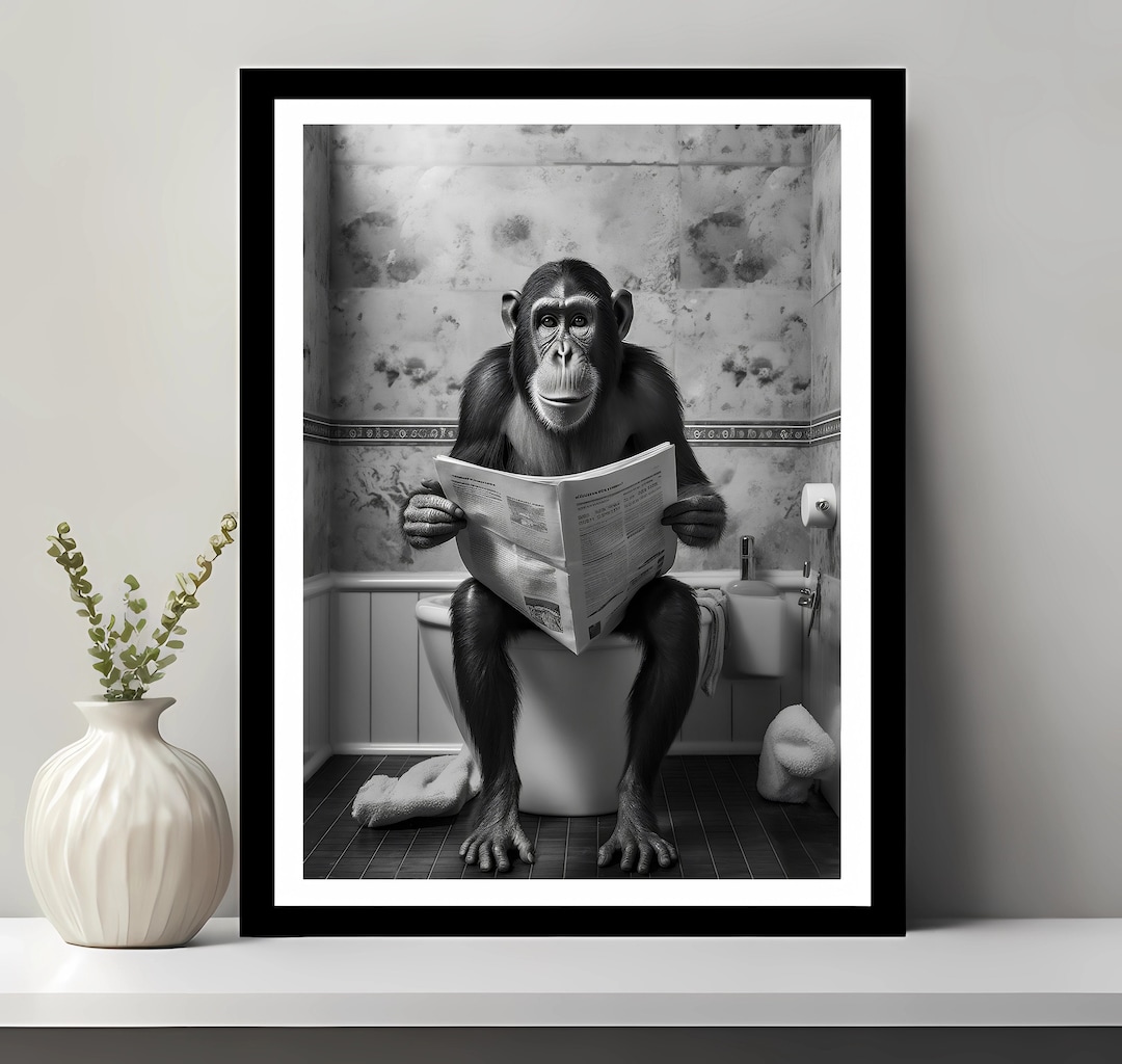 Monkey on Toilet Reading Newspaper, Funny Bathroom Decor, Monkey in ...
