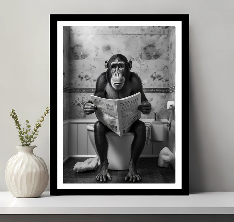 Monkey on Toilet Reading Newspaper Funny Bathroom Decor - Etsy