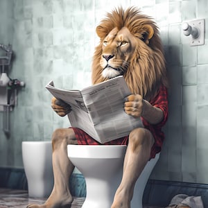 FUNNY BATHROOM PRINT Lion, Kids Bathroom Print, Lion in Toilet, Animal ...