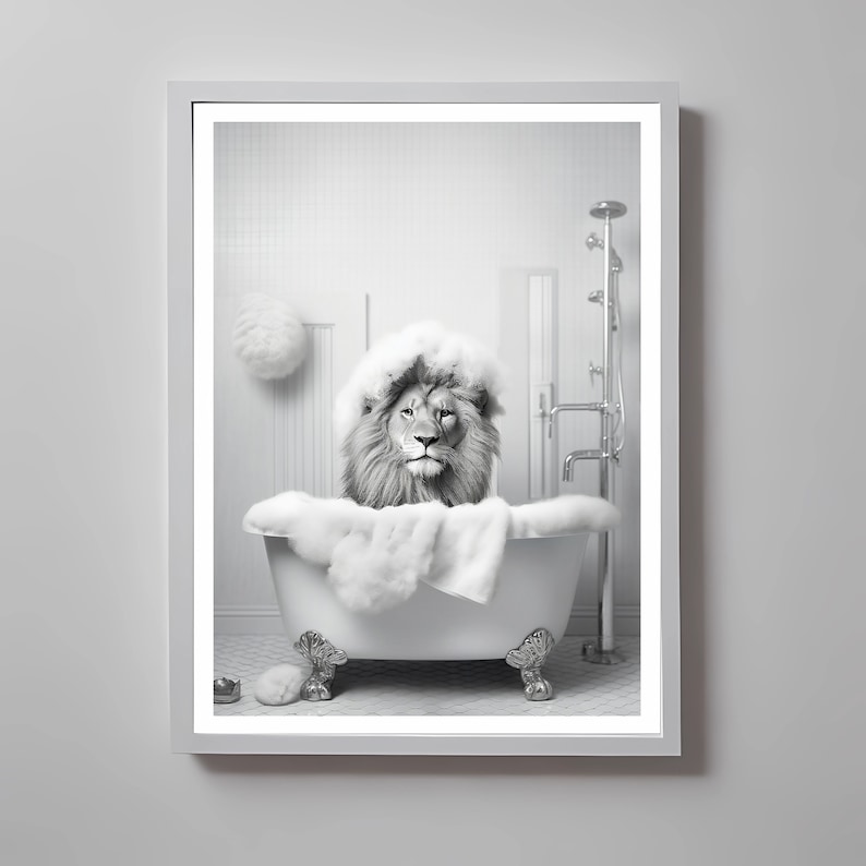 Lion in a Bathtub, Lion Bathing, Black and White Bathroom Print, Safari ...