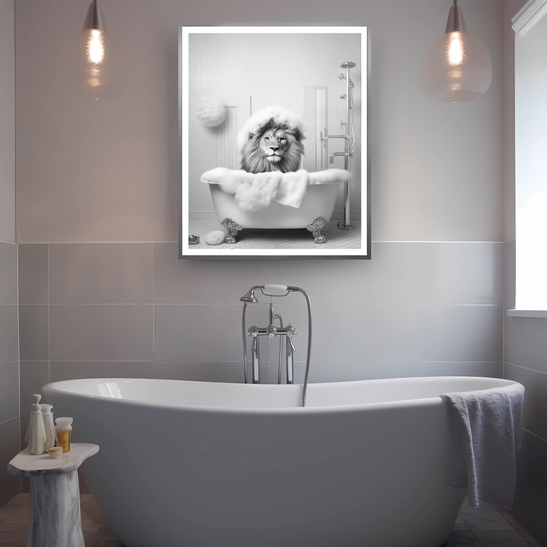 Lion in a Bathtub, Lion Bathing, Black and White Bathroom Print, Safari ...