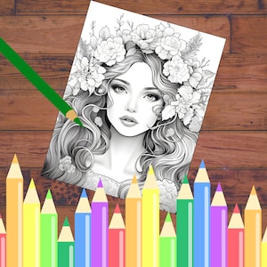 20 Flower Princess Coloring Book, Printable PDF, Grayscale Coloring ...