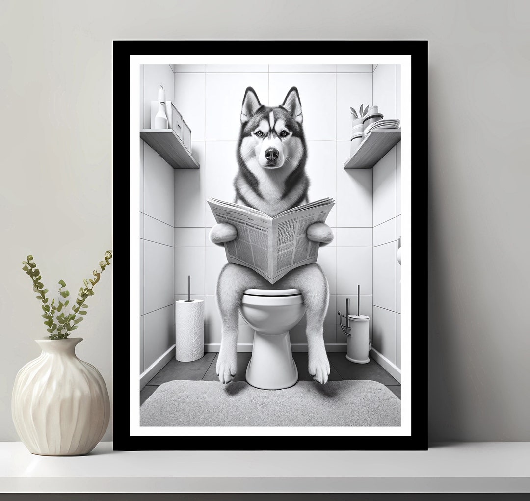 Siberian Husky Wall Art, Funny Bathroom Decor, Husky in Toilet, Animal ...