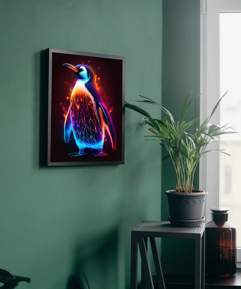 Colourful Neon Penguin Wall Wall Art | Neon Penguin Poster | Penguin ...
