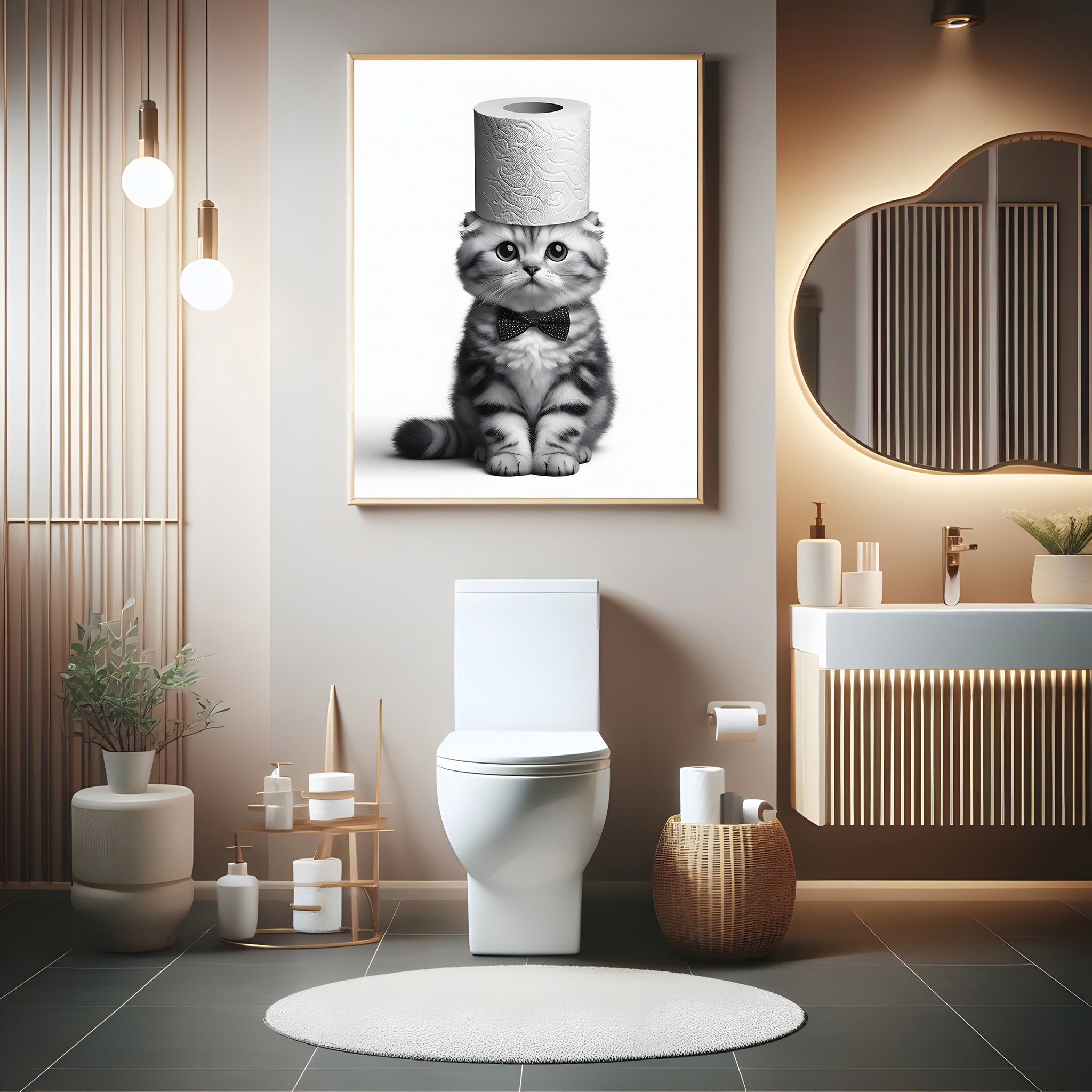 American Curl Wall Art, Funny Bathroom Decor, Animal in Toilet, Toilet ...