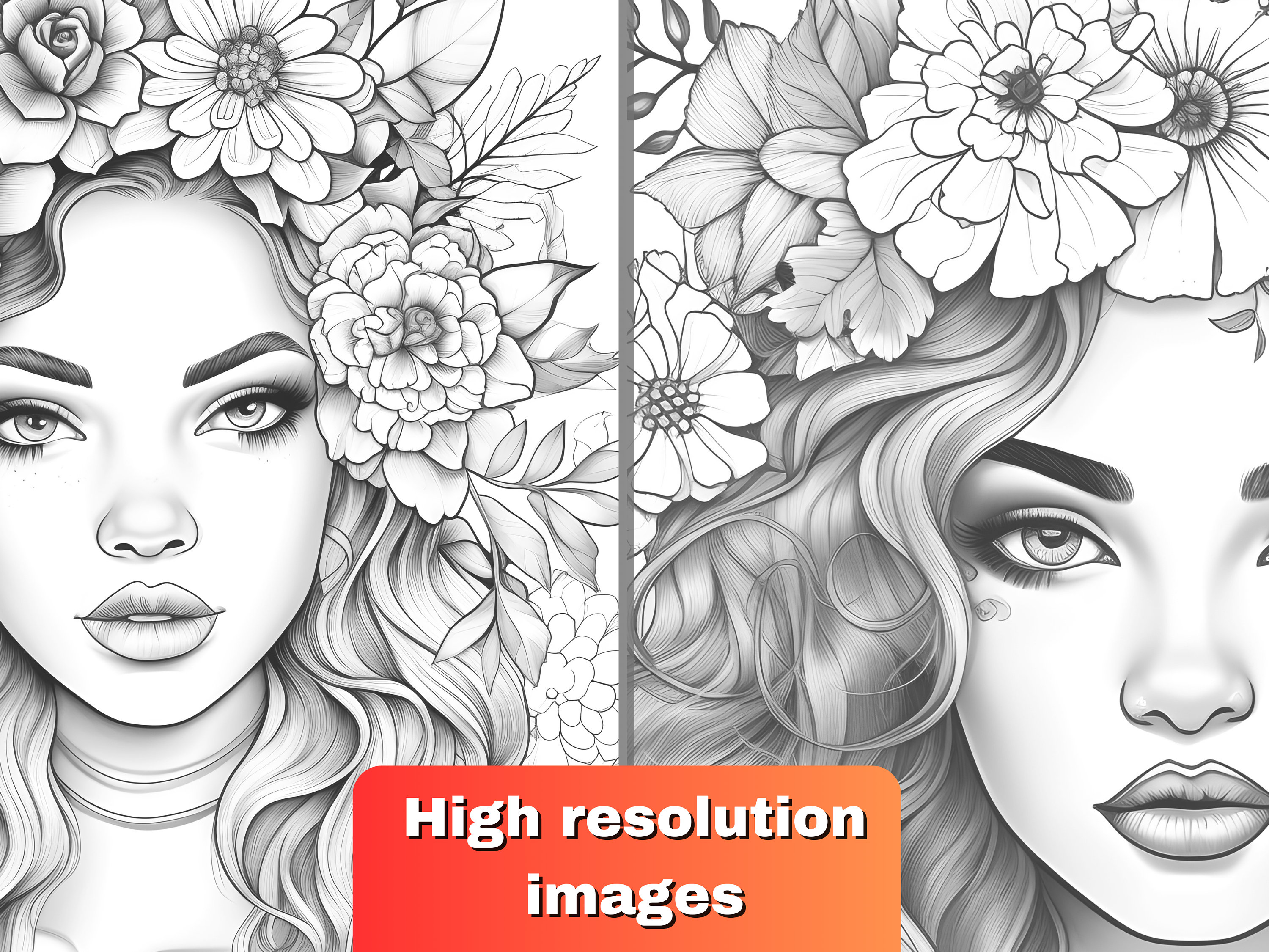 20 Flower Princess Coloring Book, Printable PDF, Grayscale Coloring ...