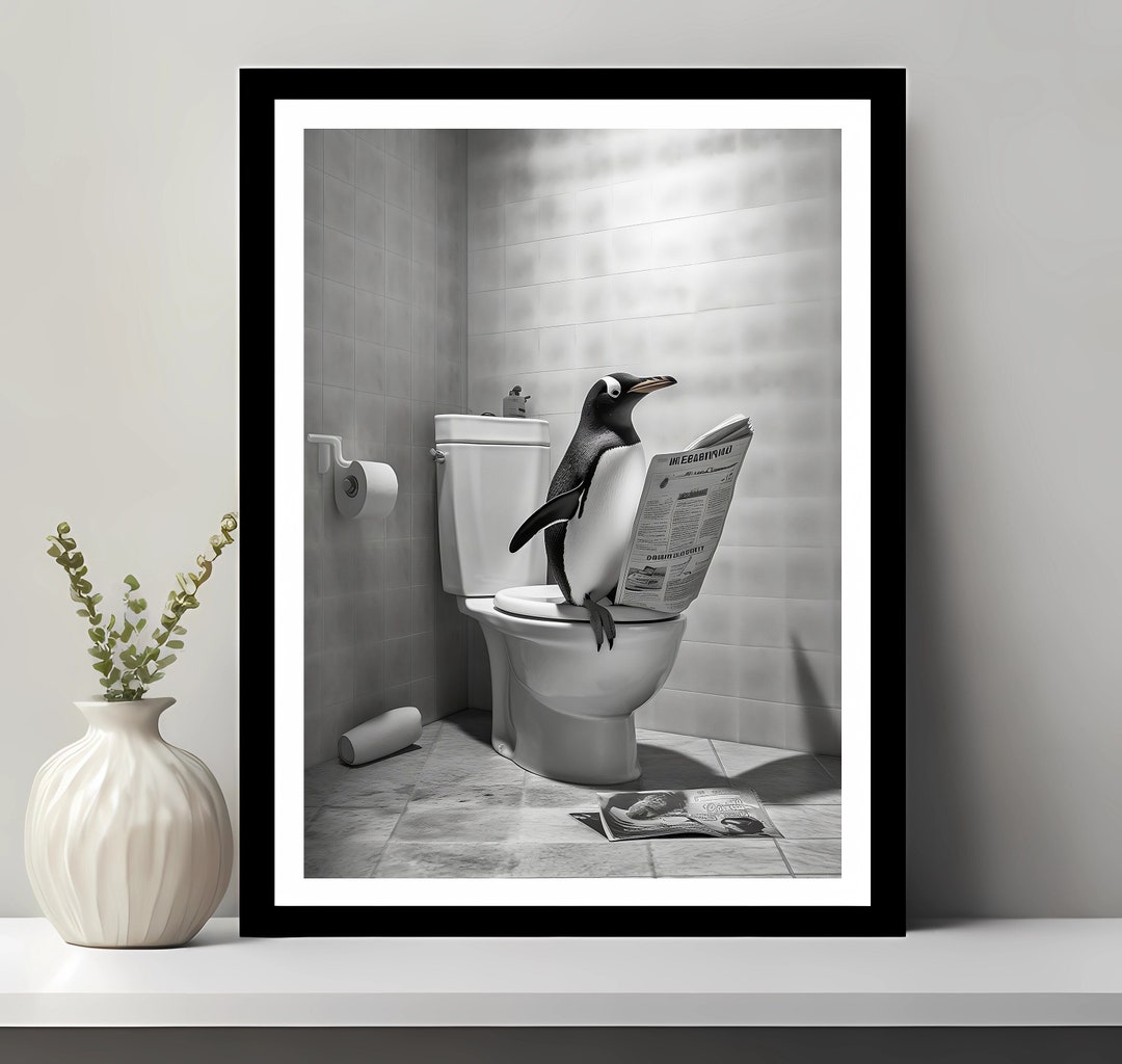 Penguin Sitting on the Toilet Reading a Newspaper, Funny Bathroom Wall ...