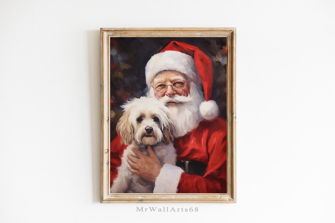 Santa and Dog Art, Santa Christmas Wall Art, Dog Christmas Painting ...