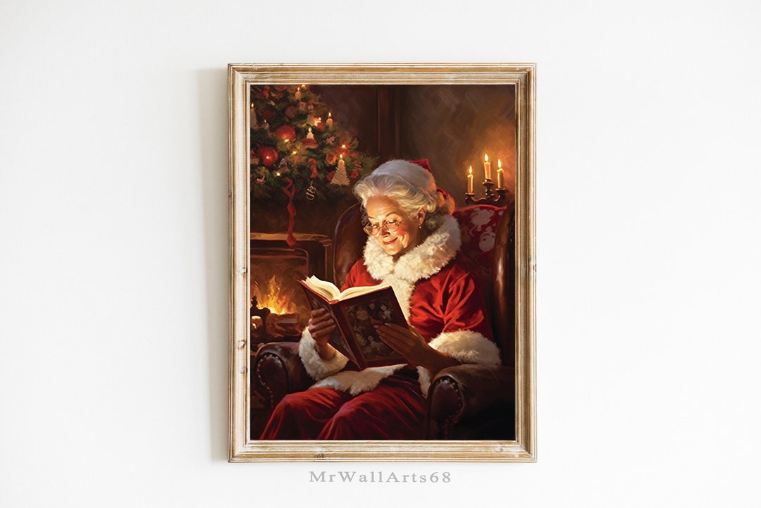 Vintage Christmas Print, Mrs Claus Reading Book, Christmas Decor Winter ...