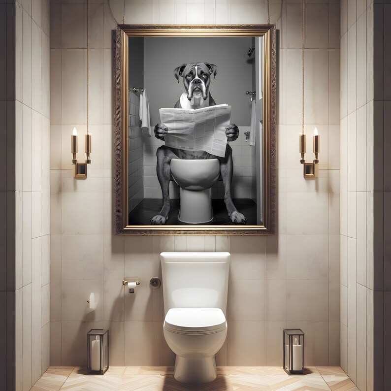 Boxer Dog Wall Art, Funny Bathroom Decor, Boxer Dog in Toilet, Animal ...