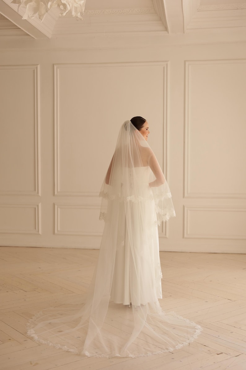Cathedral Chantilly Lace Wedding Veil With Blusher, Two Tier Bridal ...