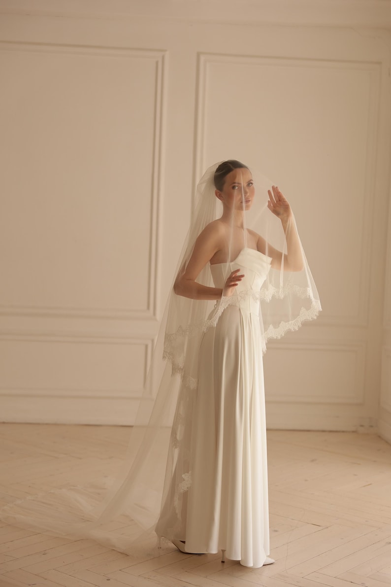 Cathedral Chantilly Lace Wedding Veil With Blusher, Two Tier Bridal ...