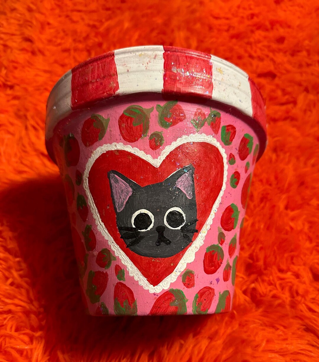 7 Inch Cat W/ Strawberries Hearts Planter Pot Handpainted Great for ...
