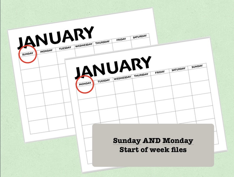 Sunday and Monday Start Blank Calendar | Big Printable January to ...