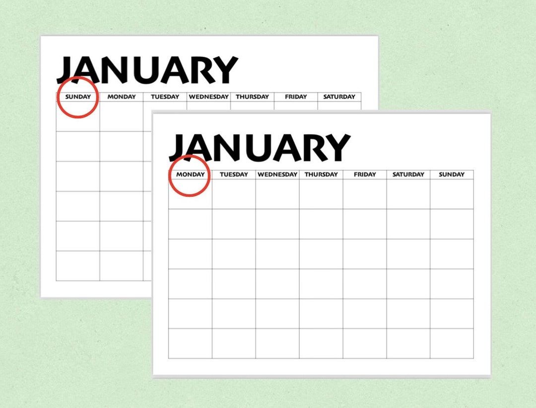 Sunday and Monday Start Blank Calendar | Big Printable January to ...