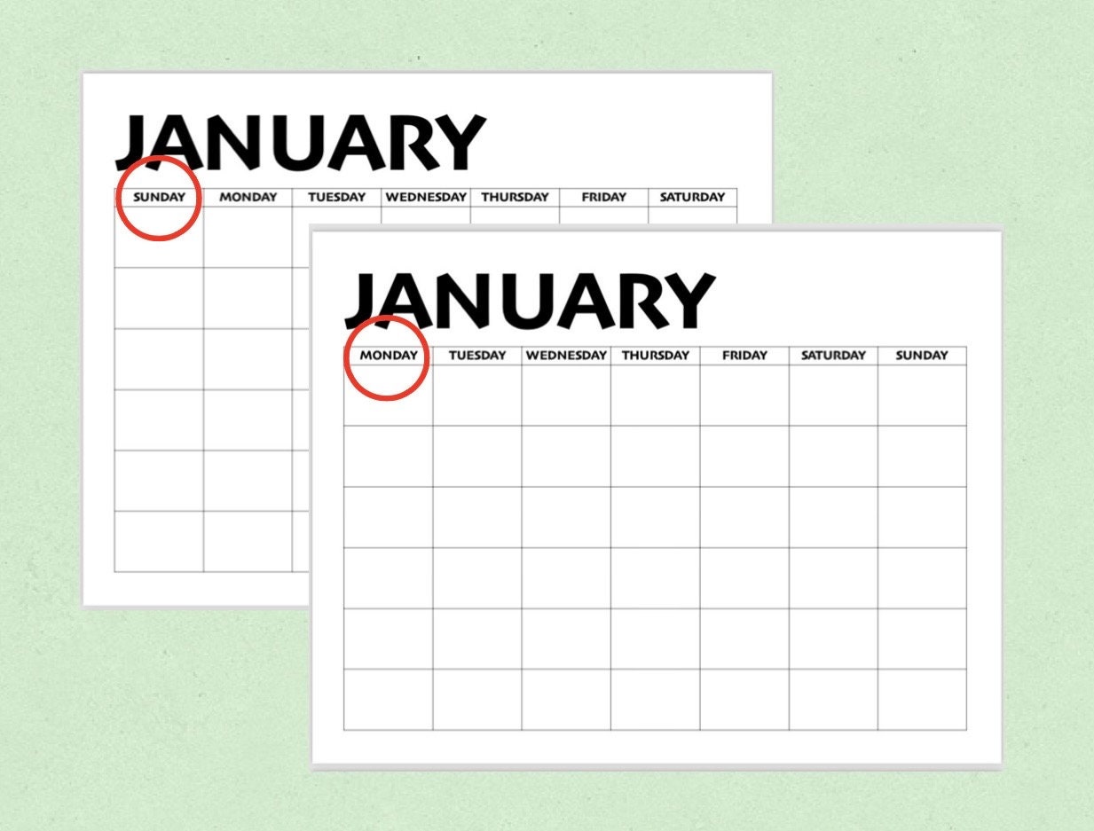 Sunday and Monday Start Blank Calendar | Big Printable January to ...